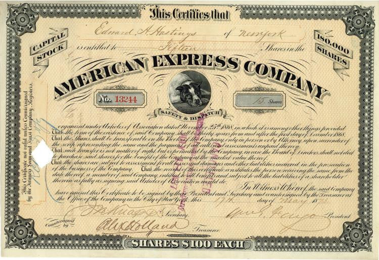American Express Company stock certificate signed by William Fargo ...