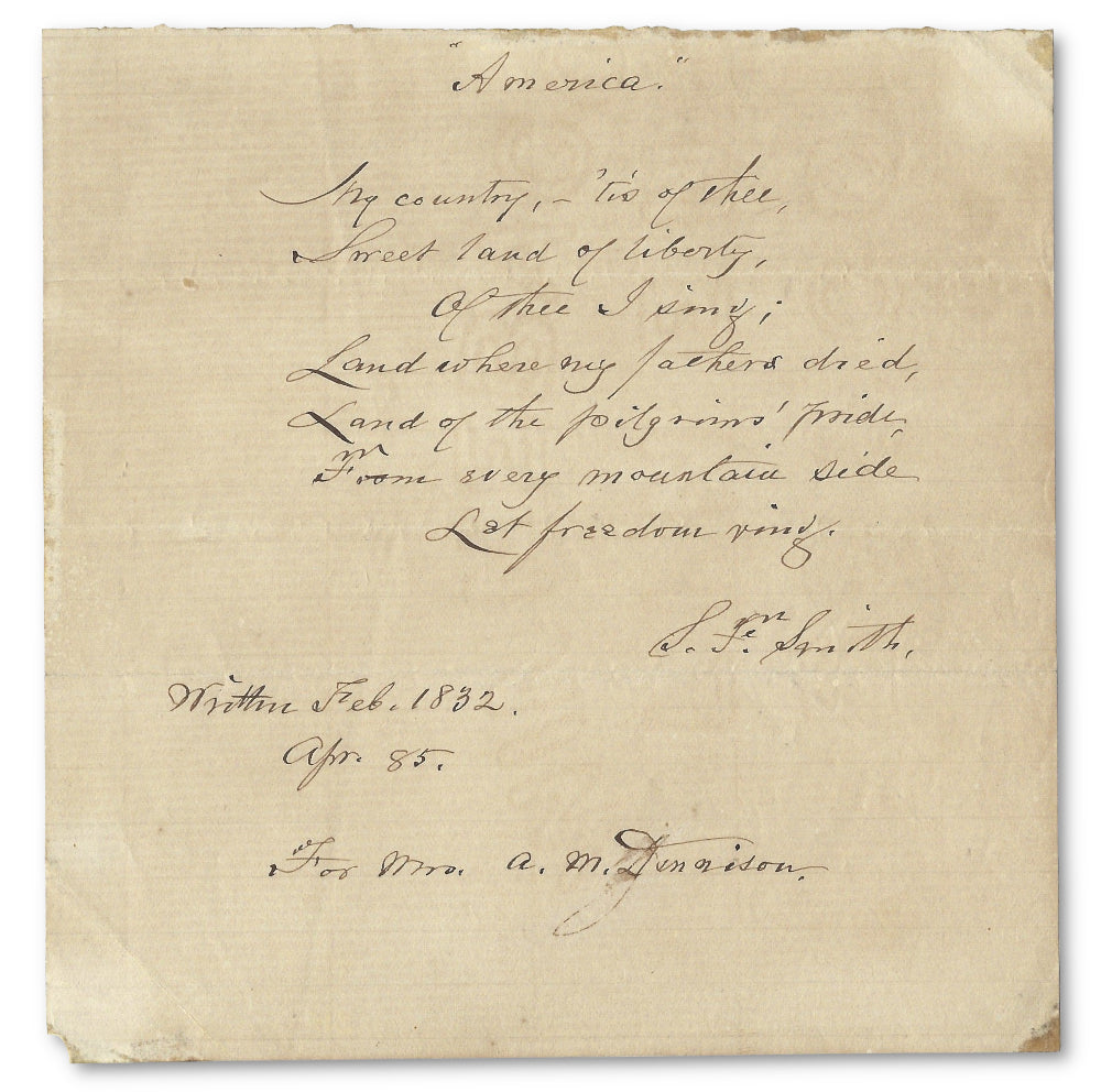 Samuel Francis Smith handwritten 'America' lyrics — JustCollecting